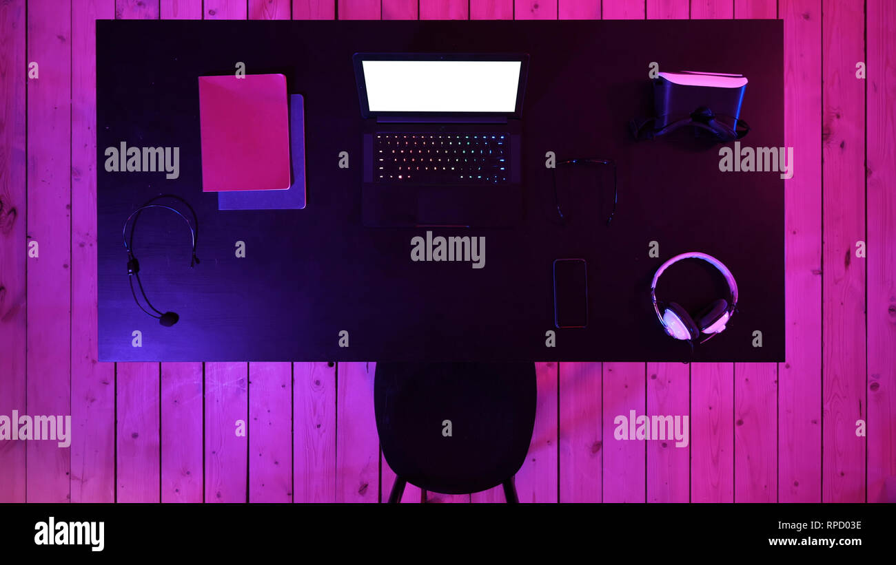 Top view. Gamer workspace concept with gamer's laptop screen seen ...