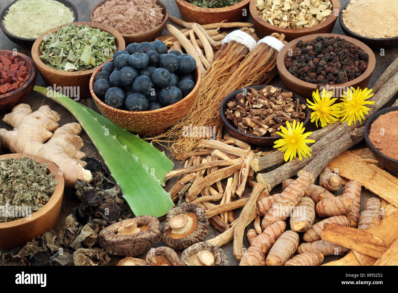 Adaptogen food collection with herbs, spices, fruit,flowers and ...