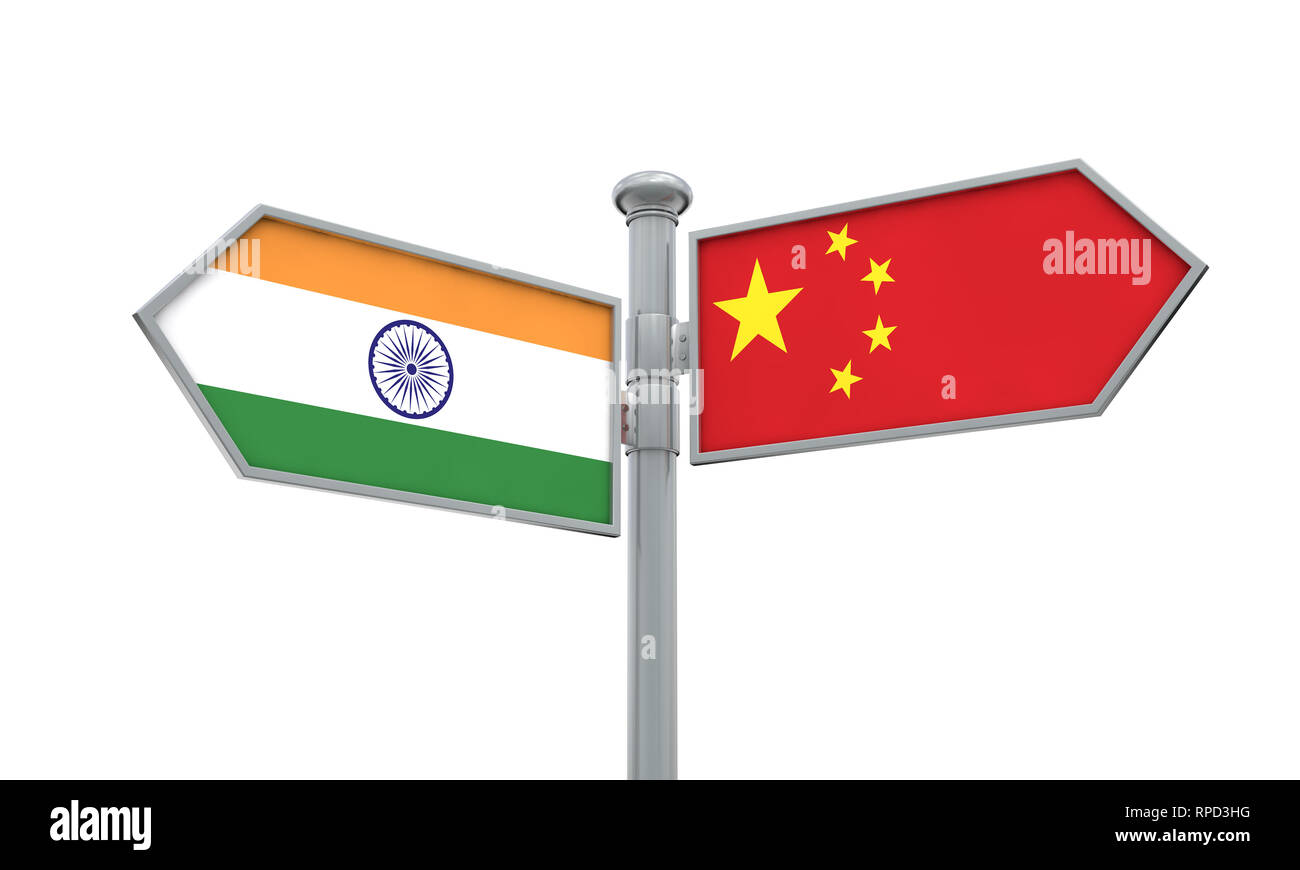 China and India flag sign moving in different direction. 3D Rendering ...