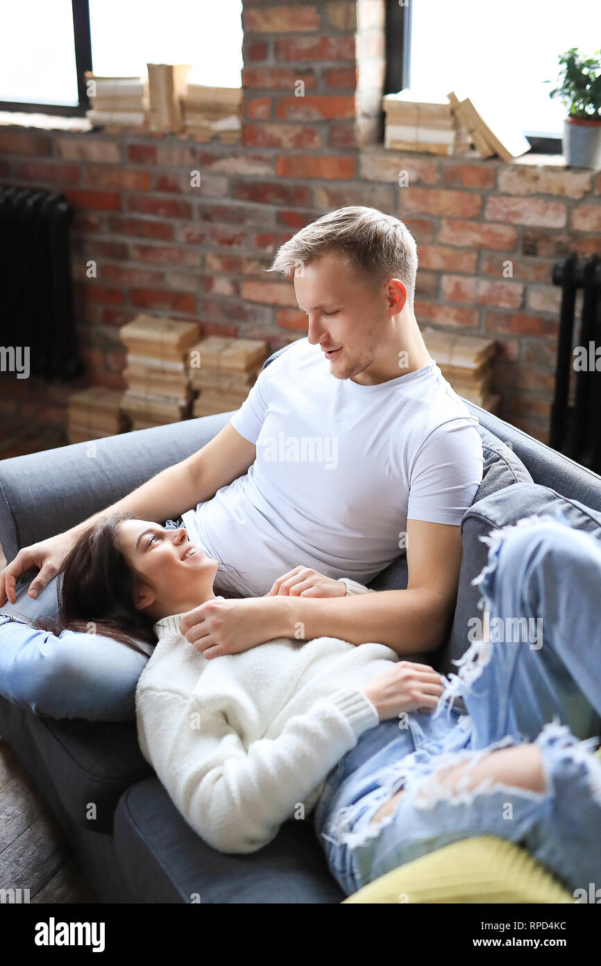Relationship. Beautiful couple at home Stock Photo - Alamy