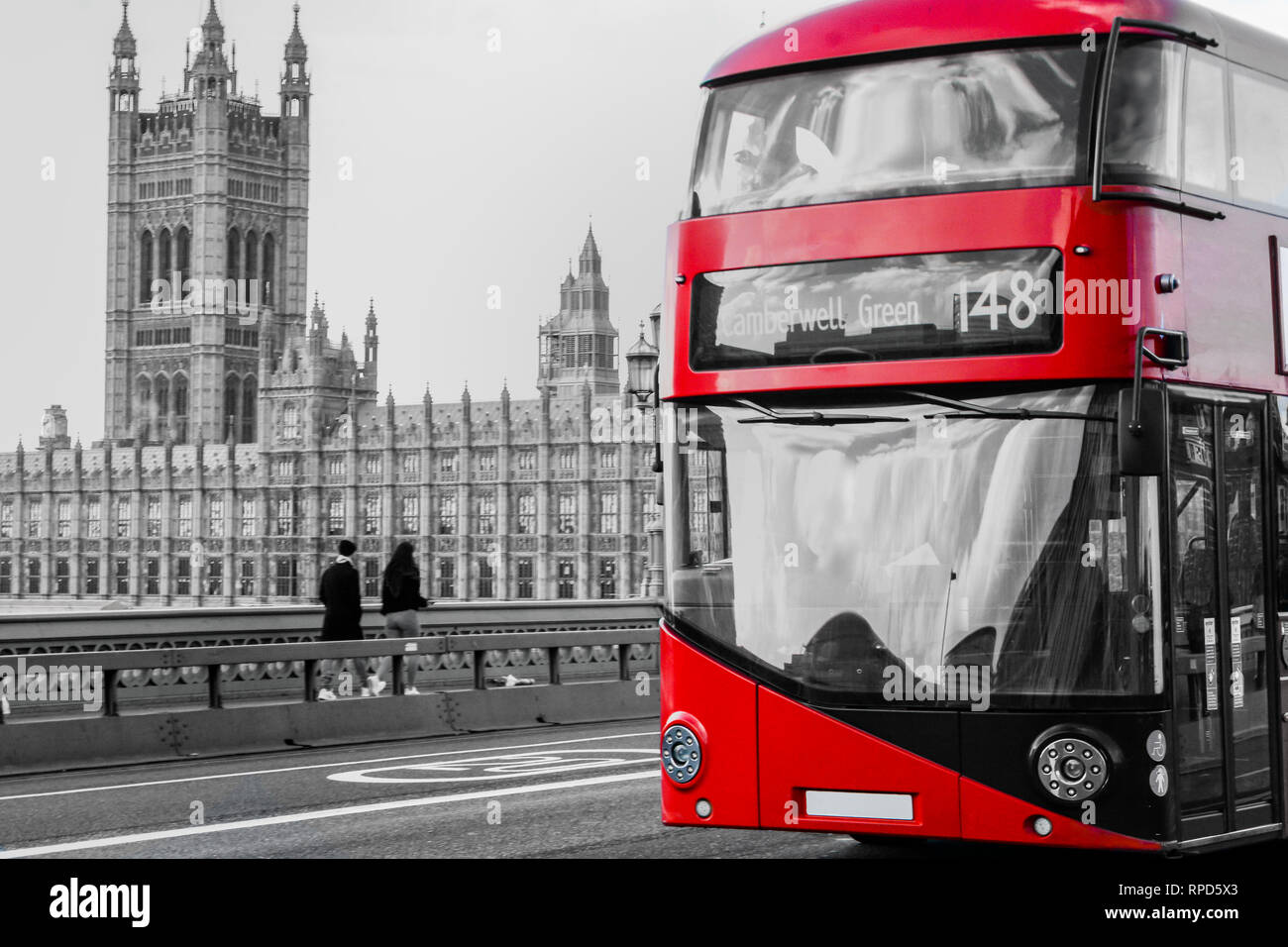 Red London Bus. Double decker bus passing over westminster bridge in ...