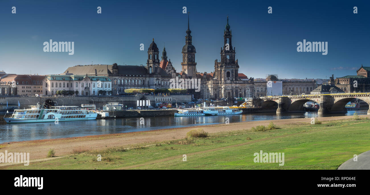 Cityscape of Dresden at Elbe River and Augustus Bridge, Dresden, Saxony ...