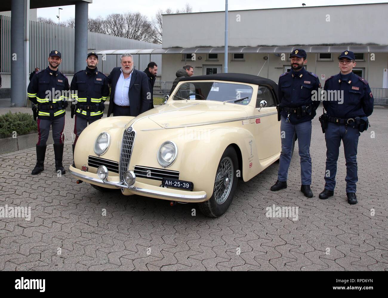 A general view of the stolen Alfa Romeo outside the police HQ after it ...