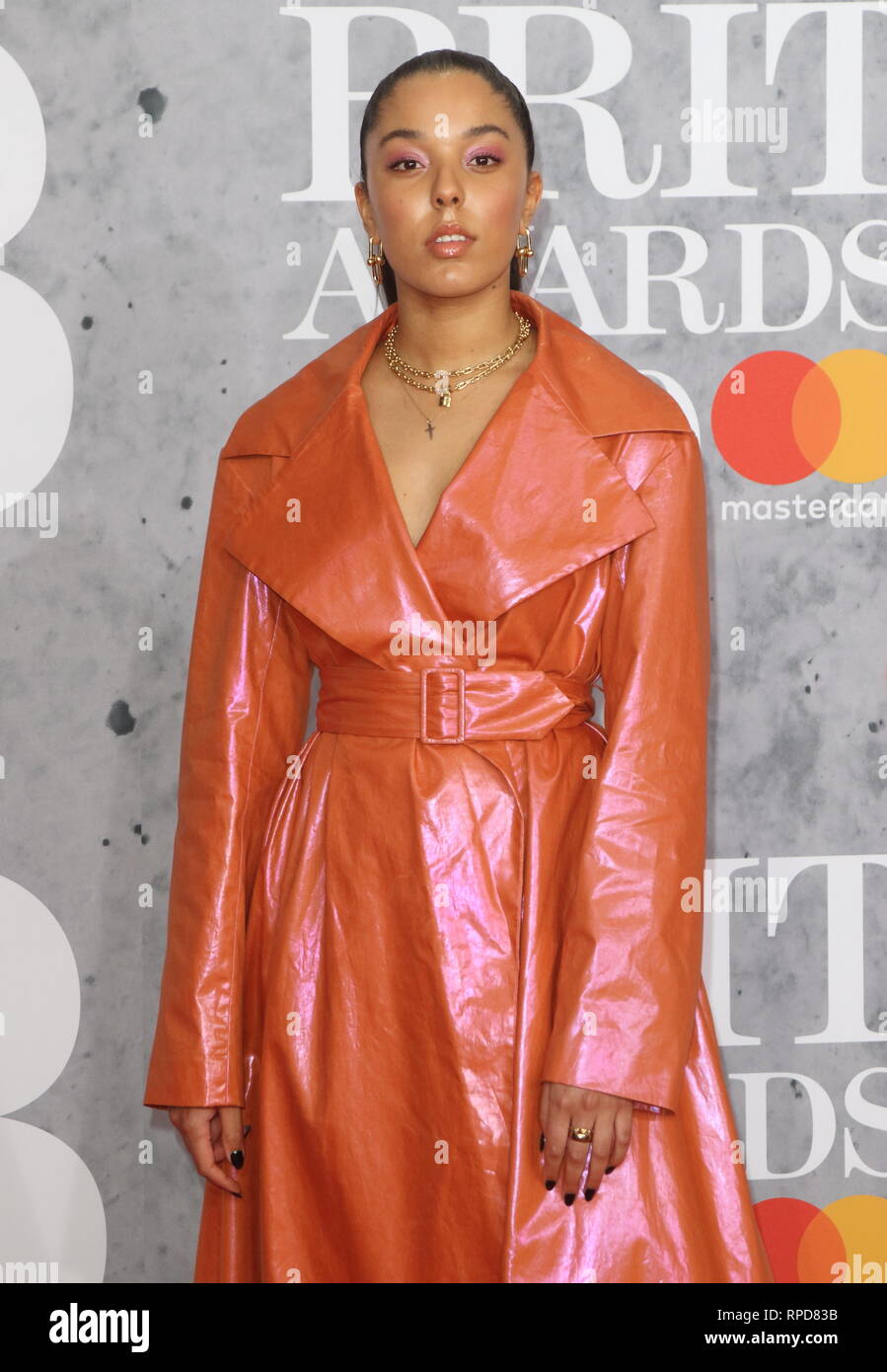 Grace Carter seen on the red carpet during The BRIT Awards 2019 at The O2, Peninsula Square in ...