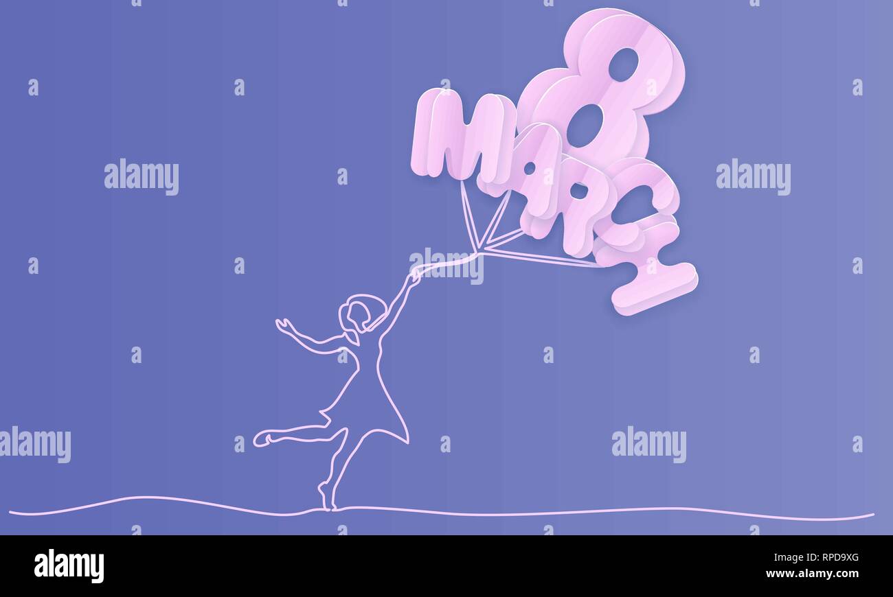 Happy 8 March womens day card. Woman with air balloon shaped as big ...