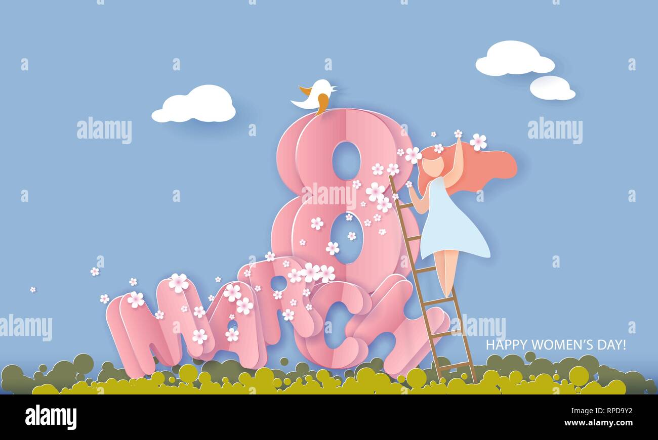 Happy 8 March womens day card. Woman on stairs decorates large letters ...