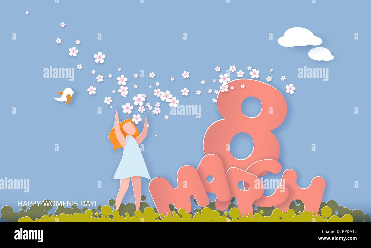 Happy 8 March womens day card. Woman with flowers near big letters ...
