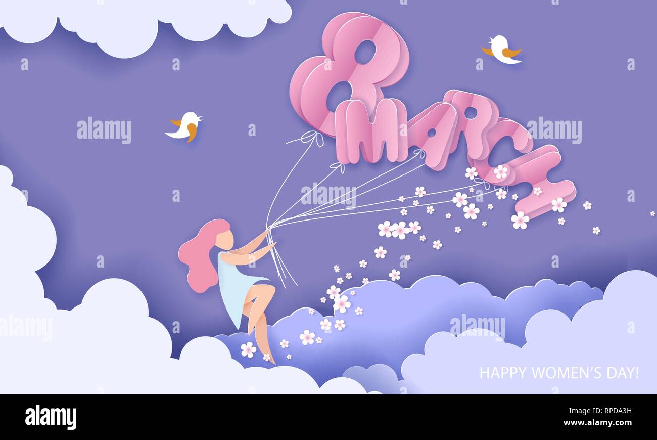 Happy 8 March womens day card. Woman with flowers and air balloons ...