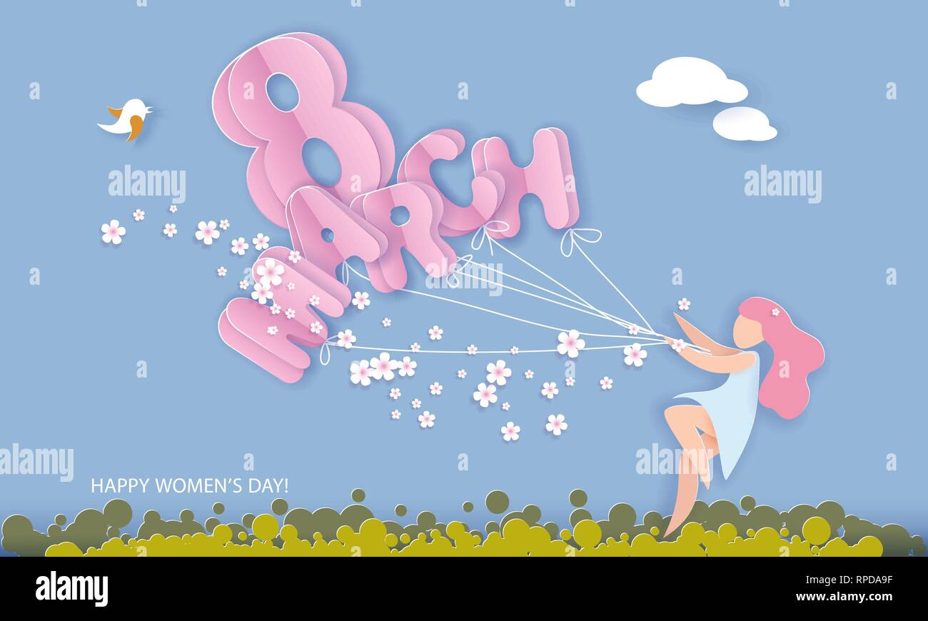 Happy 8 March womens day card. Woman with flowers and air balloons ...