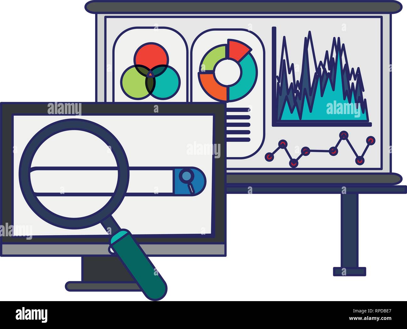 statistics whiteboard and computer with magnifying glass blue lines ...