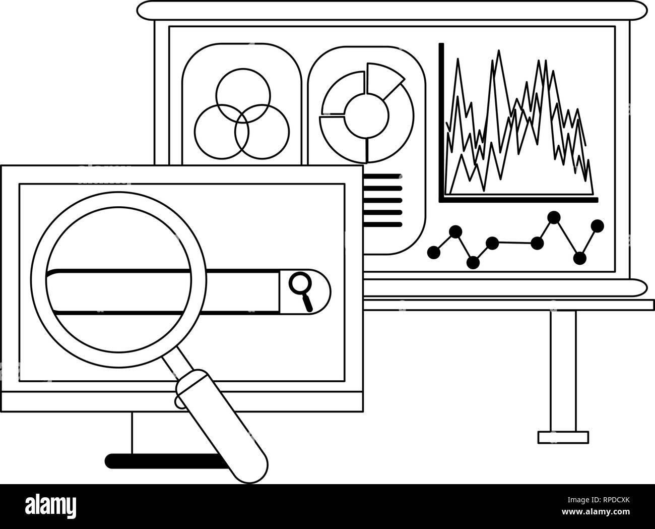 statistics whiteboard and computer with magnifying glass black and ...