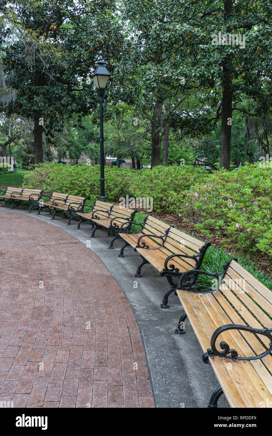 vertical view of benches in Forsyth Park in Savannah Georgia Stock ...
