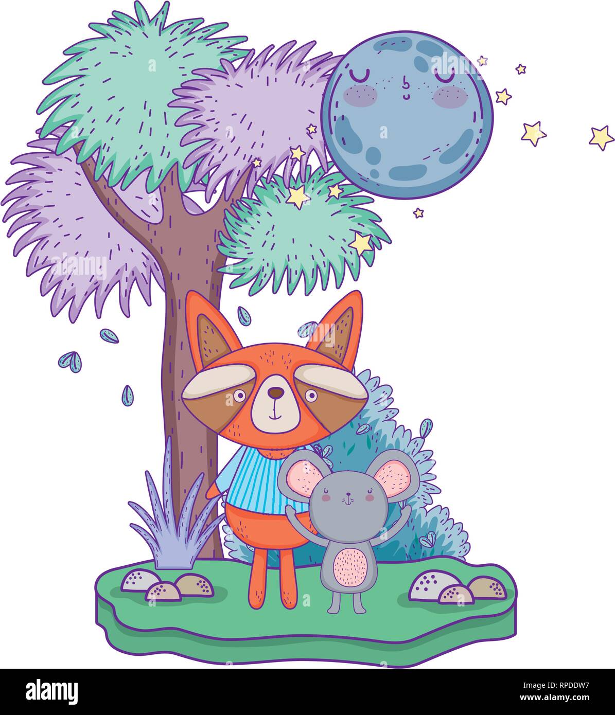 little raccoon with moon kawaii in the landscape Stock Vector Image ...