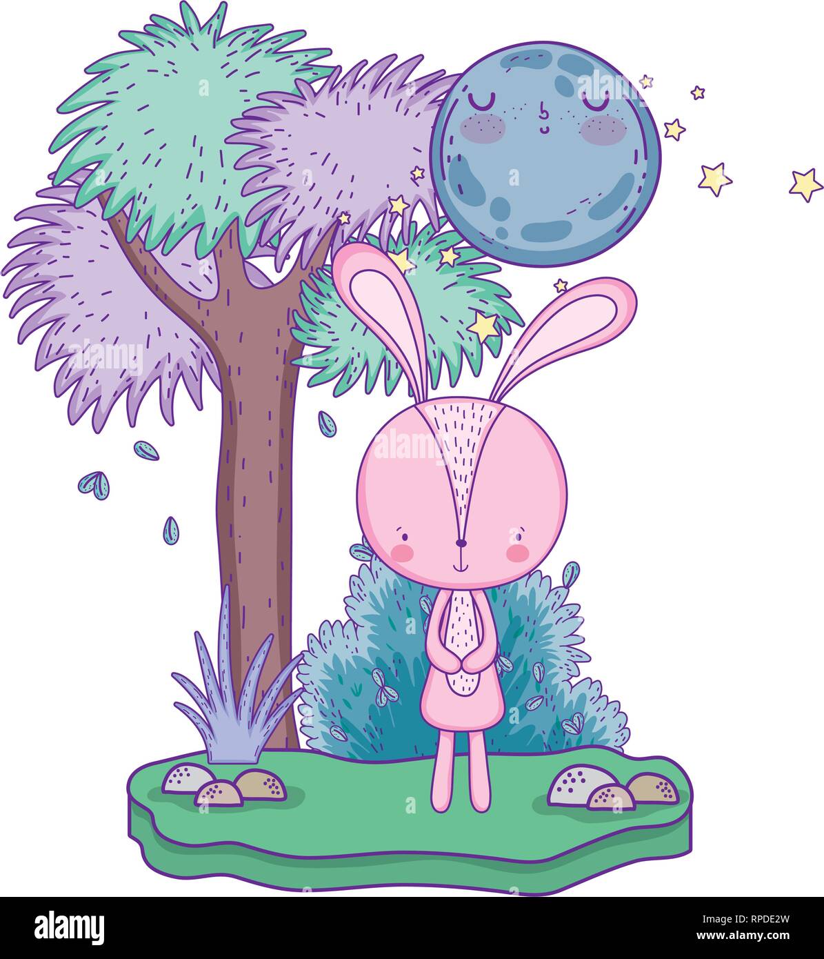 little rabbit with moon kawaii in the landscape Stock Vector Image ...