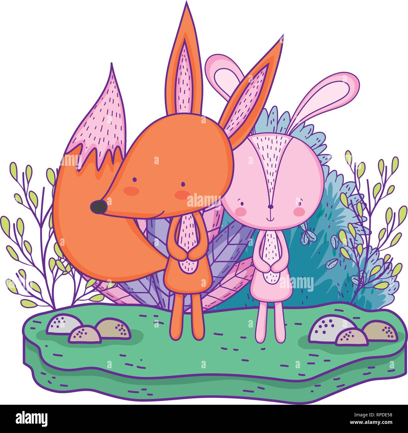 little fox and rabbit in the landscape characters Stock Vector Image ...