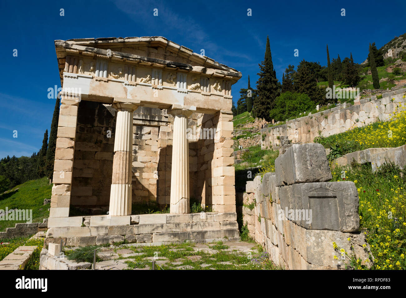 The treasury of the Athenians, Ruins of ancient Delphi, Greece Stock ...