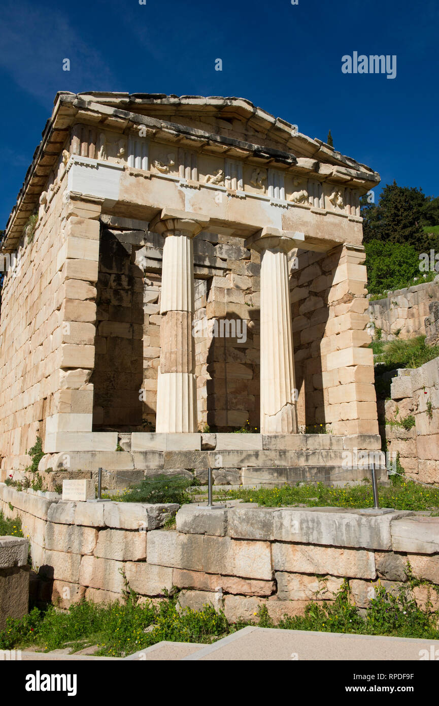 The treasury of the Athenians, Ruins of ancient Delphi, Greece Stock ...