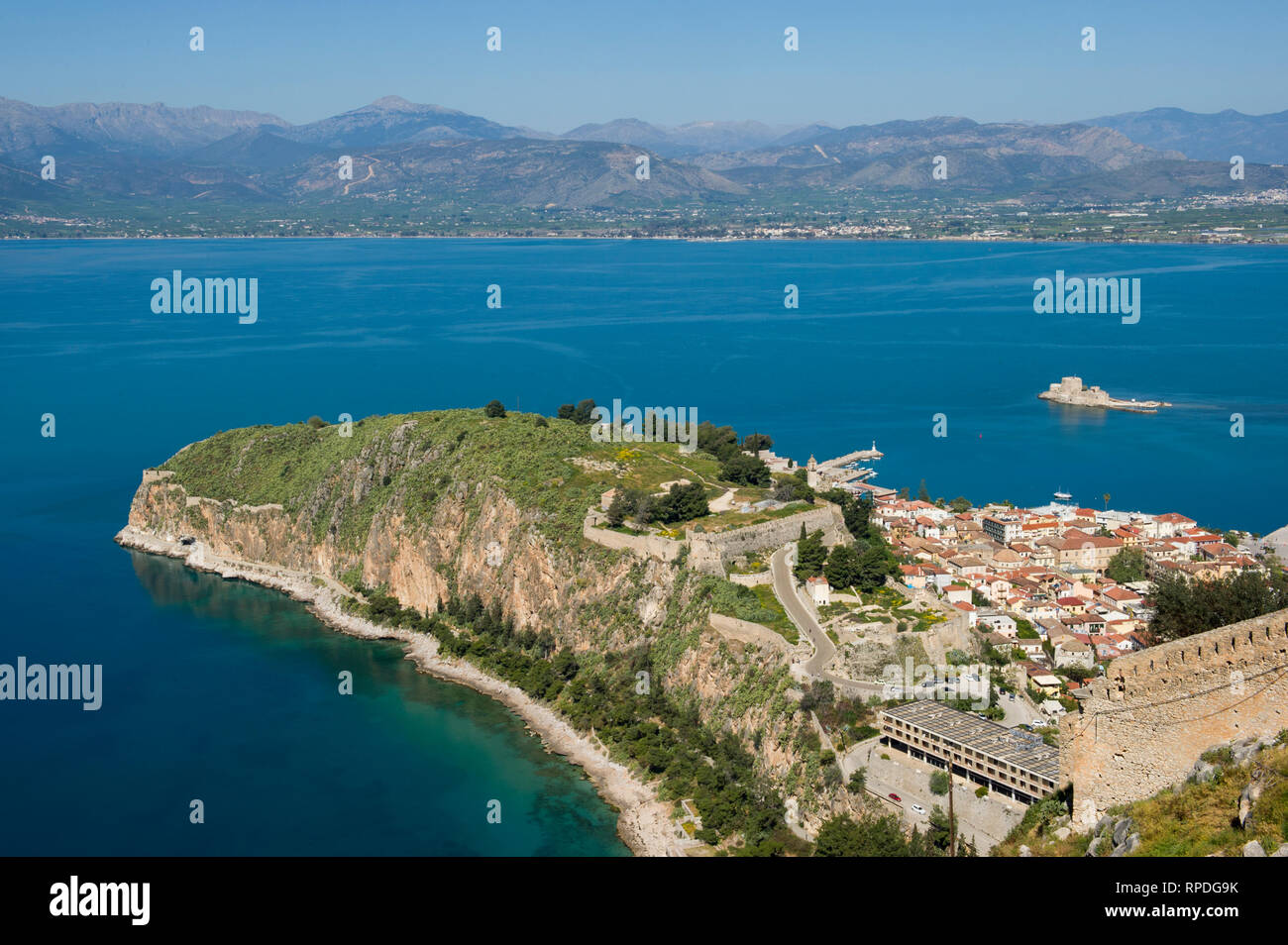 Bourtzi Castle seen from Palamidi Castle, Nafplio, Greece Stock Photo ...