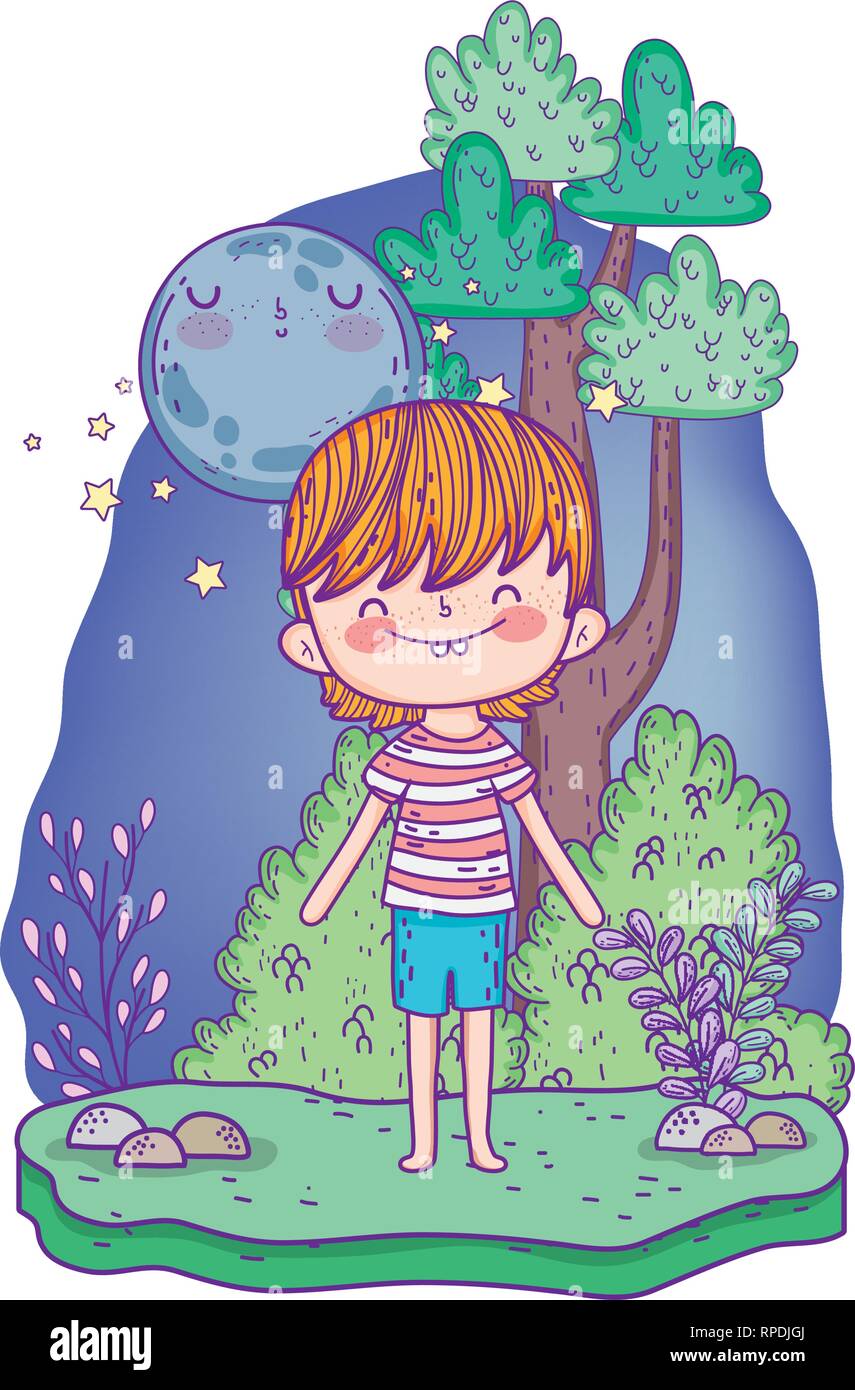 cute little boy with moon kawaii in the landscape Stock Vector Image ...