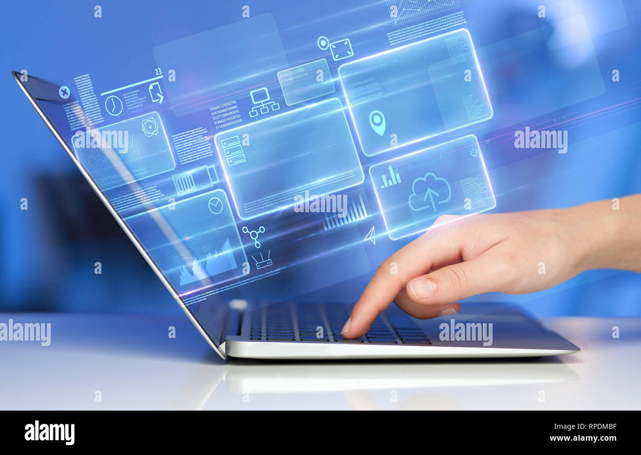 Hand using laptop with database reports and online work concept Stock ...