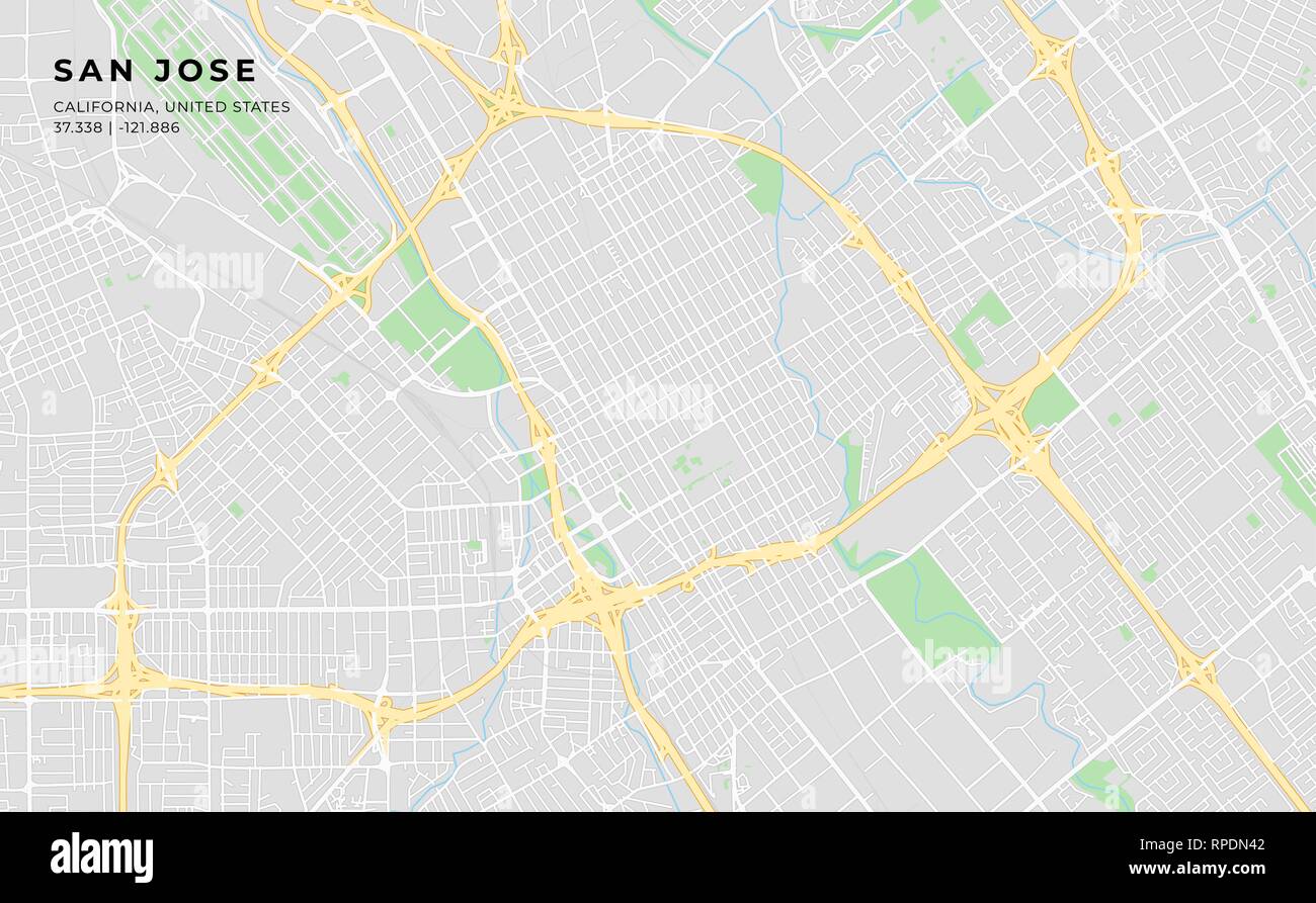 Printable streetmap of San Jose including highways, major roads, minor ...