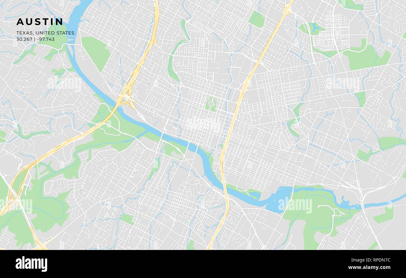 Printable streetmap of Austin including highways, major roads, minor ...
