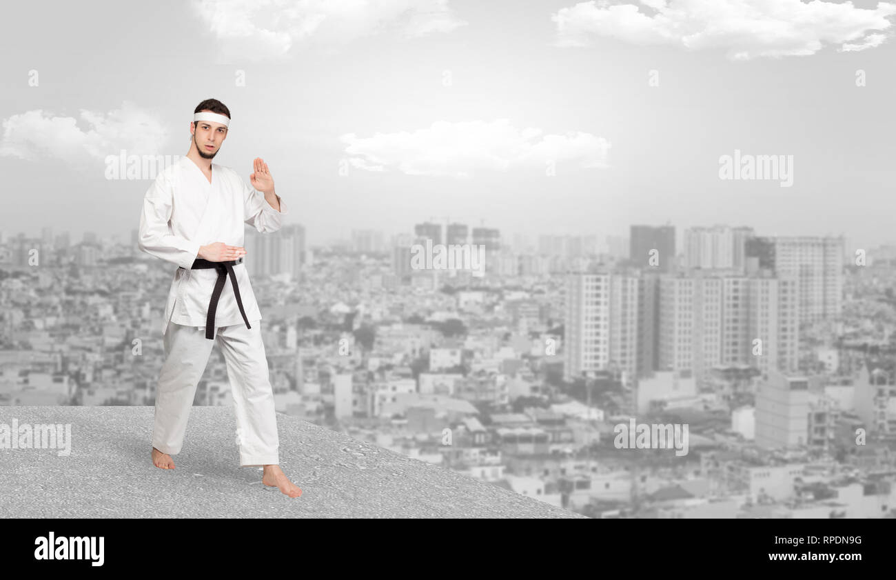 Young karate trainer doing karate tricks on the top of a metropolitan ...