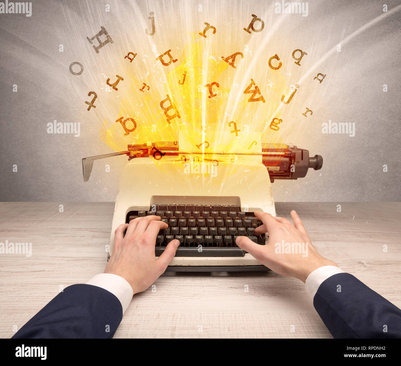 First person perspective image with exploding letters from a vintage ...