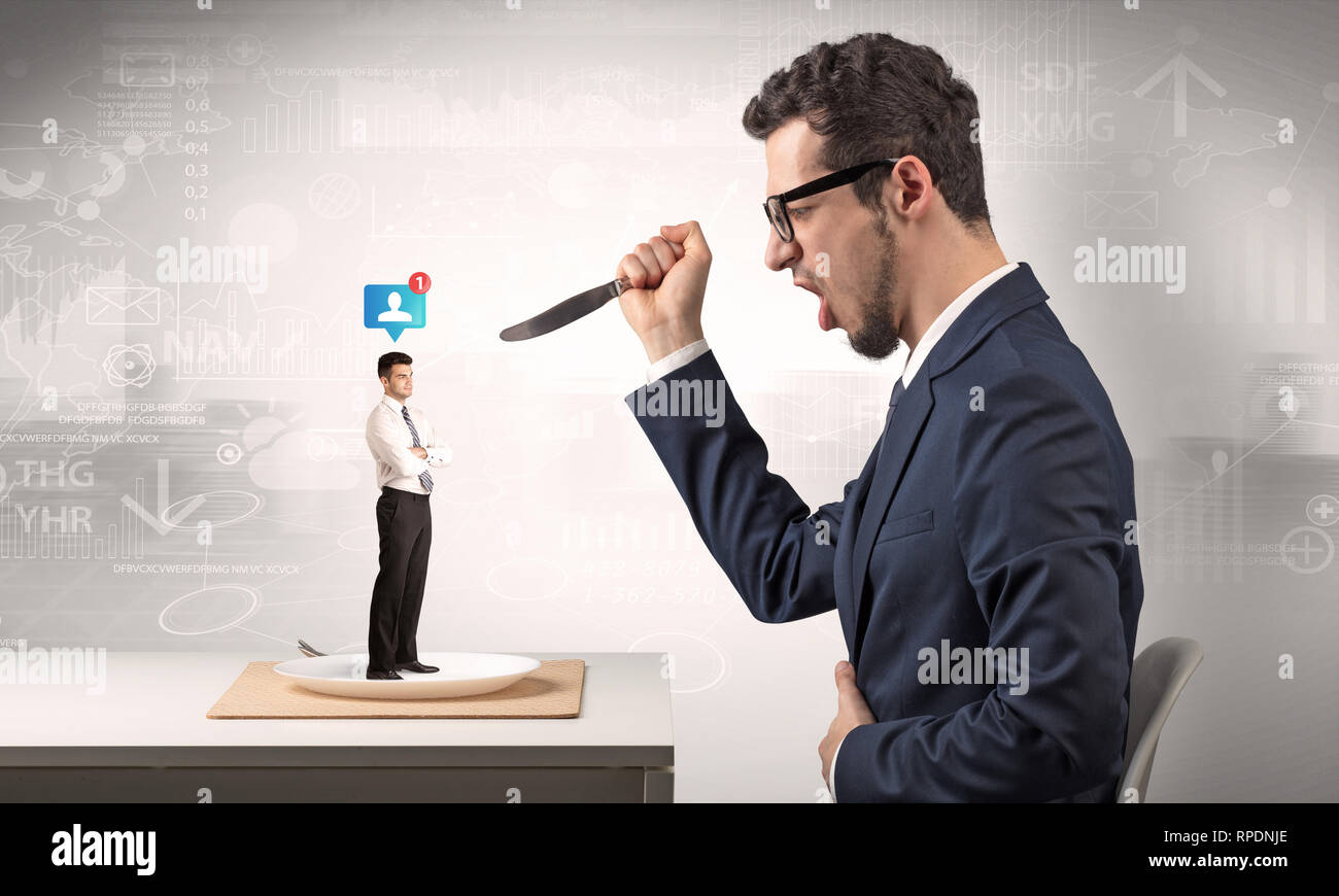 Giant businessman eating small man with financial background Stock ...