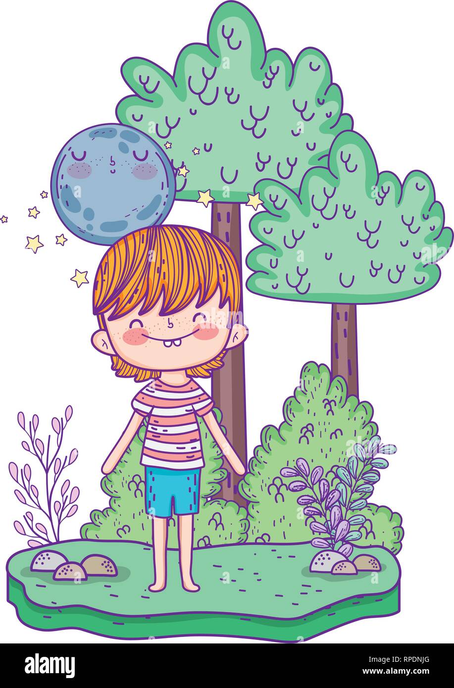 cute little boy with moon kawaii in the landscape Stock Vector Image ...