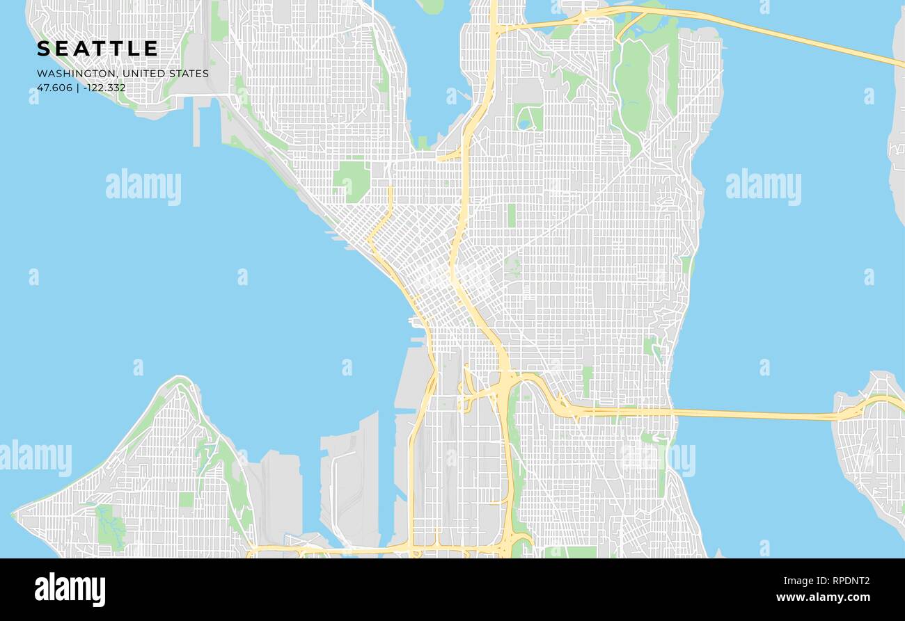 Printable streetmap of Seattle including highways, major roads, minor ...