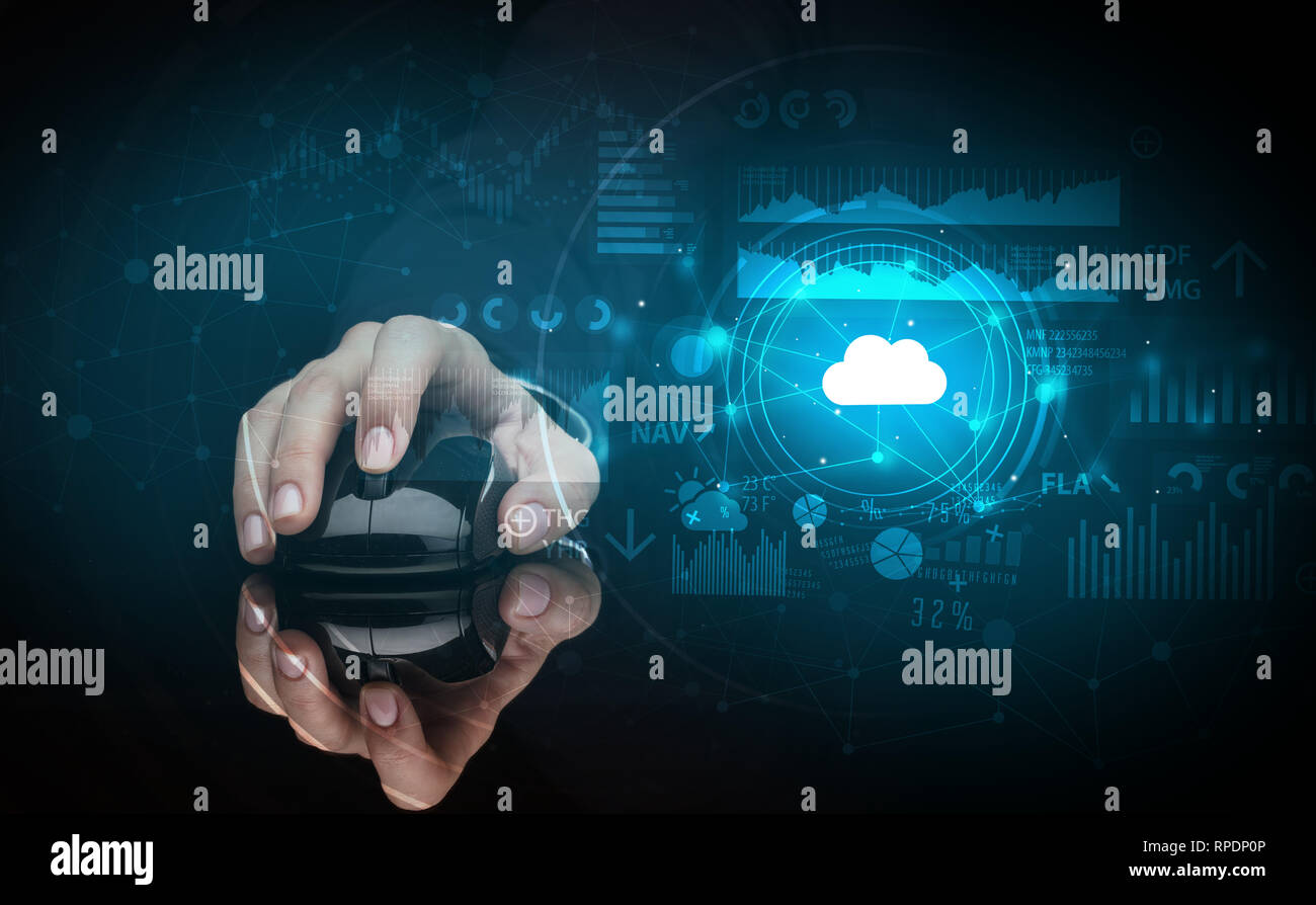 Hand using wireless mouse with cloud technology concept and dark ...