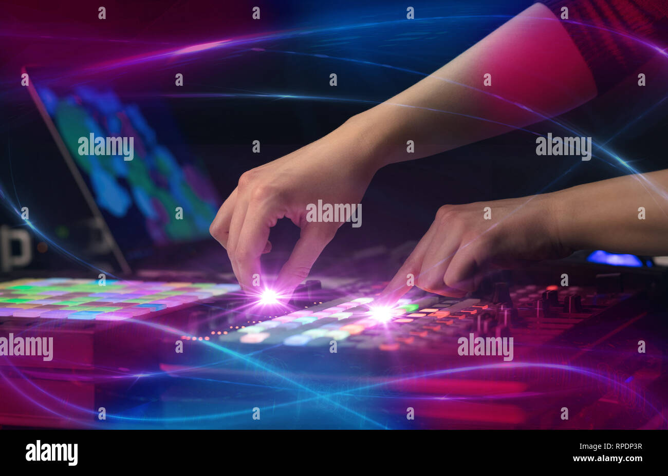 Hand mixing music on midi controller with wave vibe concept Stock Photo ...