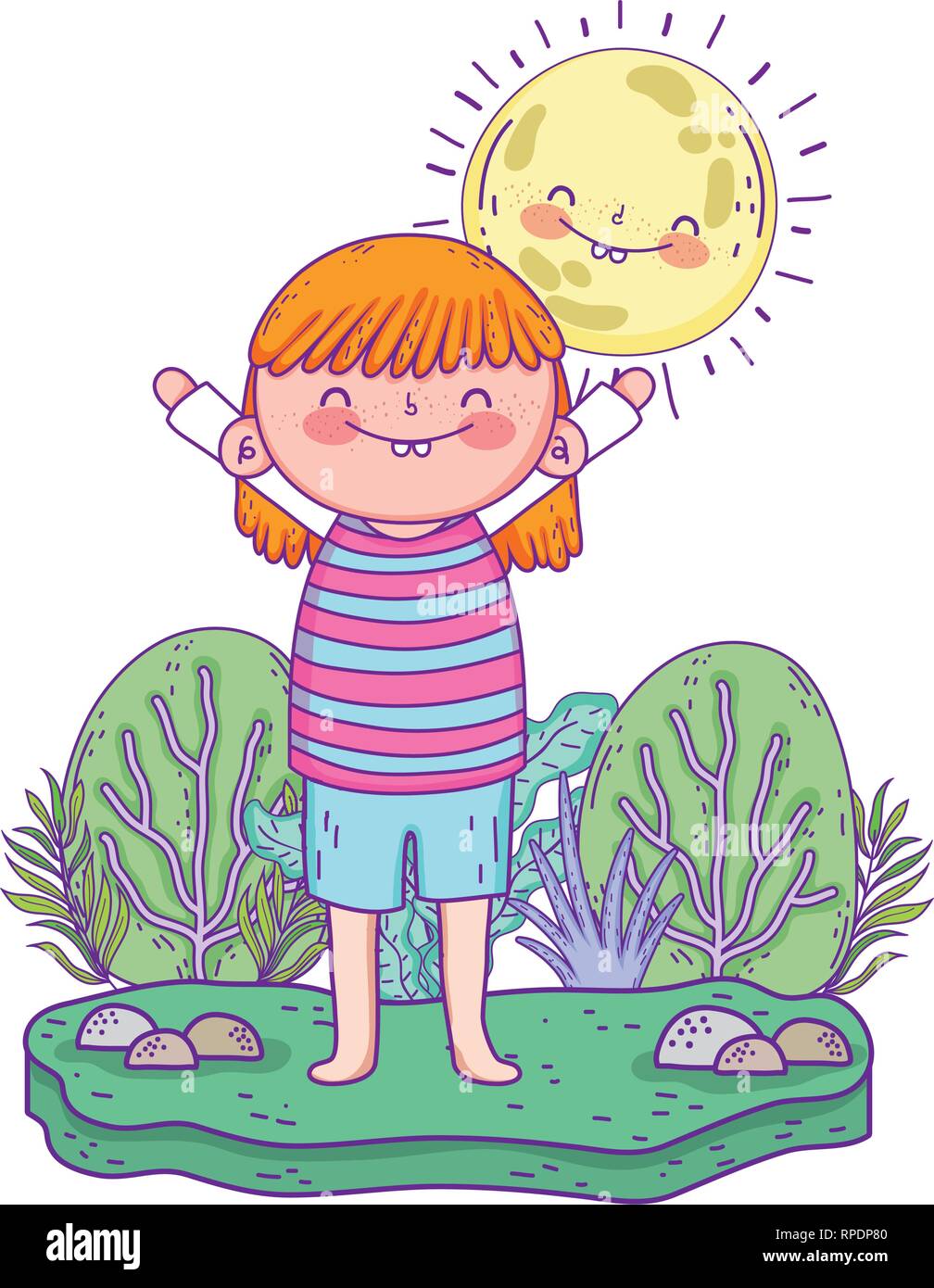 cute little girl with sun kawaii in the landscape Stock Vector Image ...