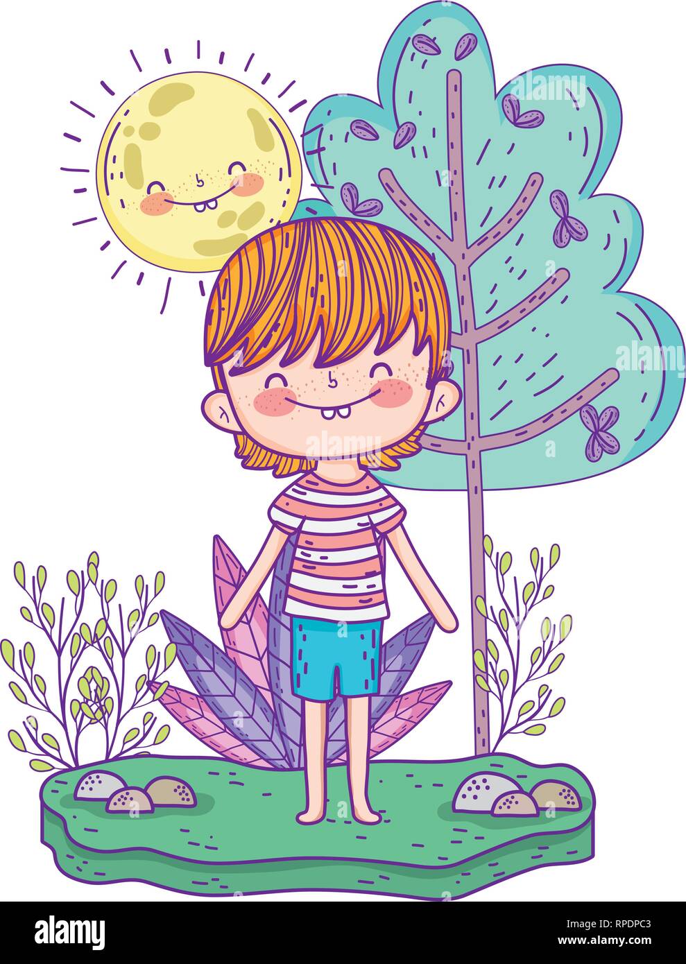 cute little boy with sun kawaii in the landscape Stock Vector Image ...