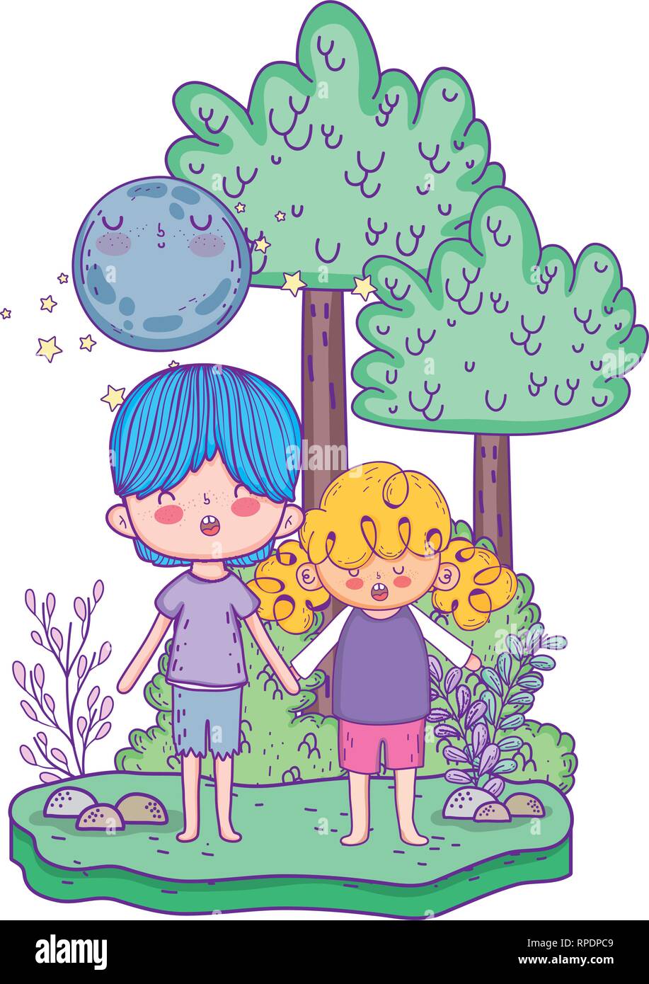 cute little kids with moon kawaii in the landscape Stock Vector Image ...