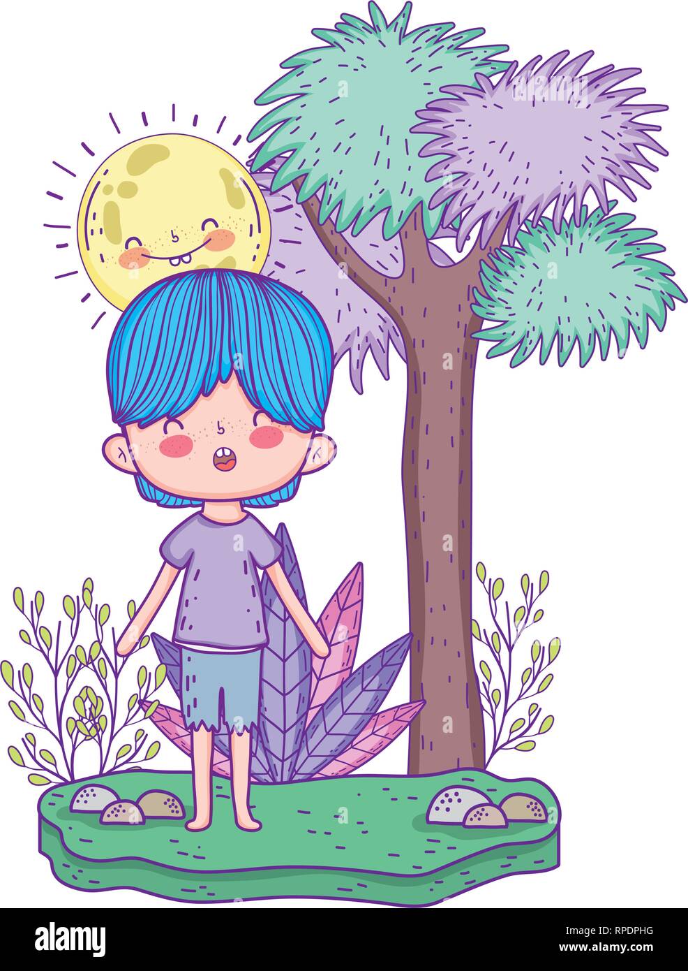 cute little boy with sun kawaii in the landscape Stock Vector Image ...