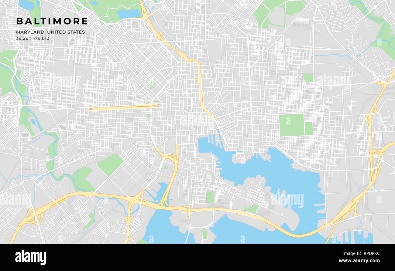 Printable streetmap of Baltimore including highways, major roads, minor ...