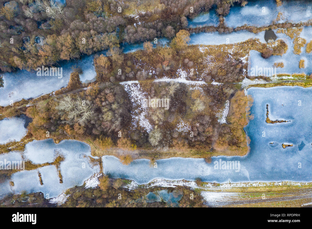 top view of the island and frozen water reservoirs. winter time Stock ...