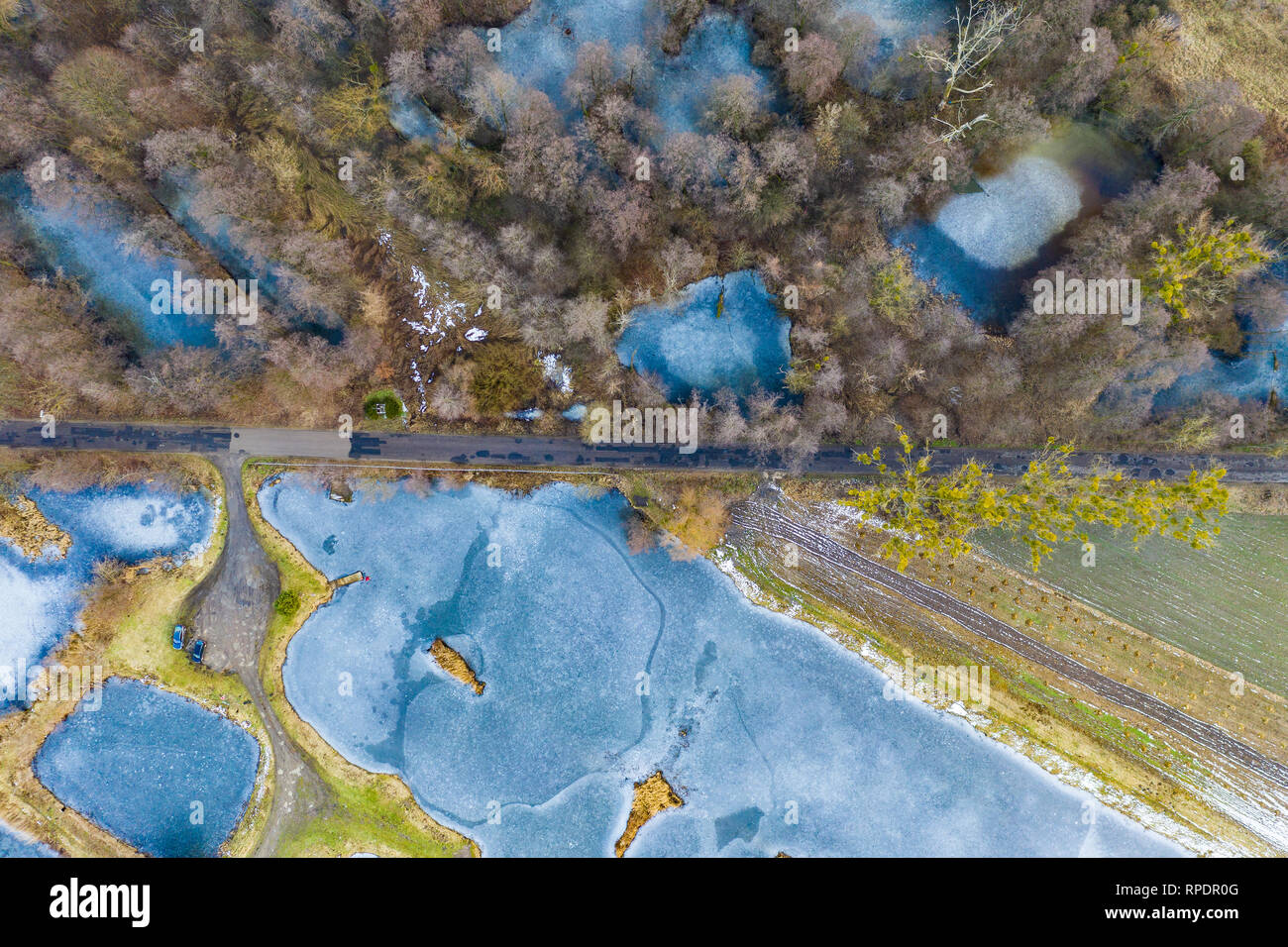 top view for frozen water reservoirs and fields. winter time Stock ...