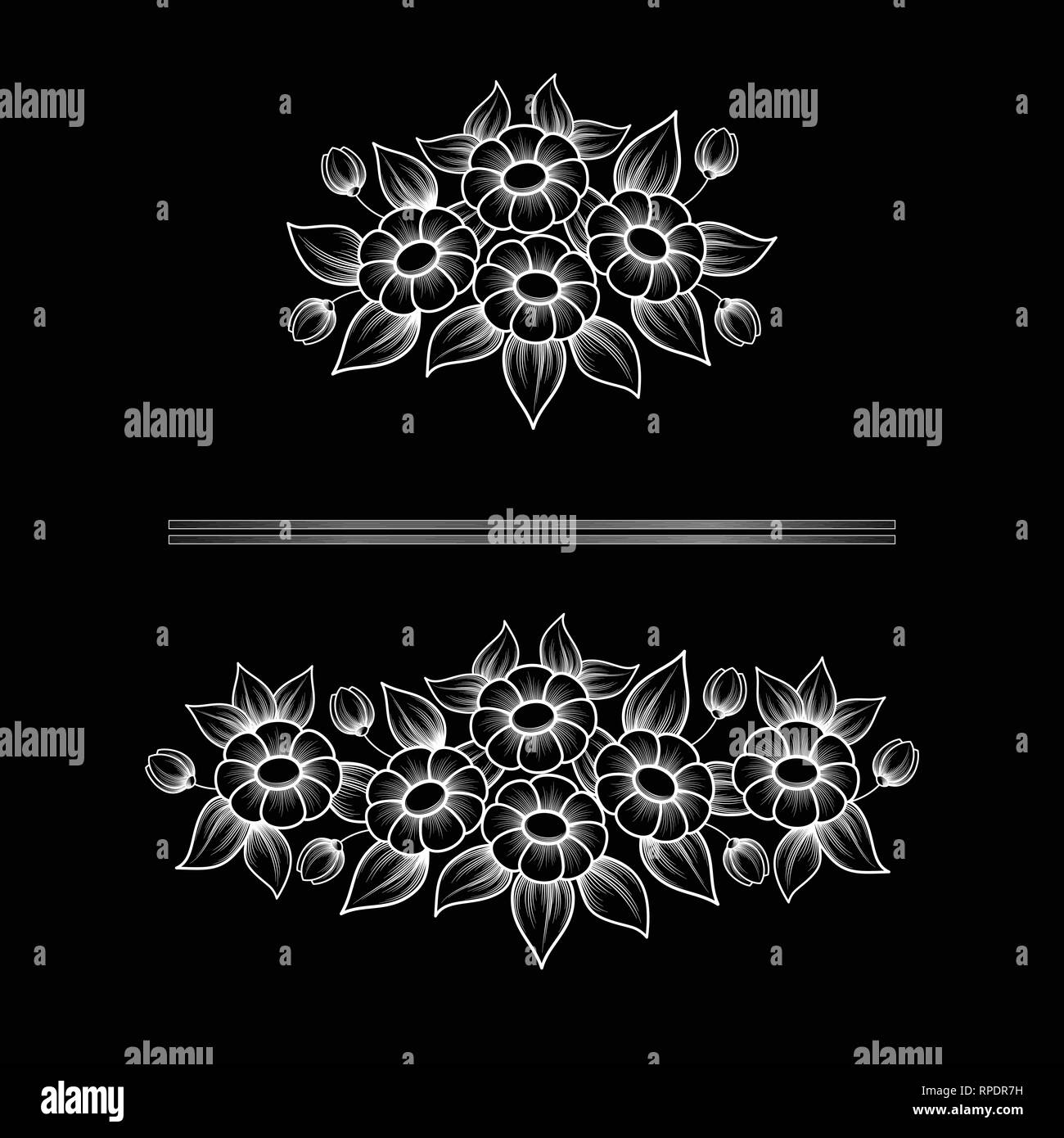 White outline floral elements isolated on black background Stock Vector ...