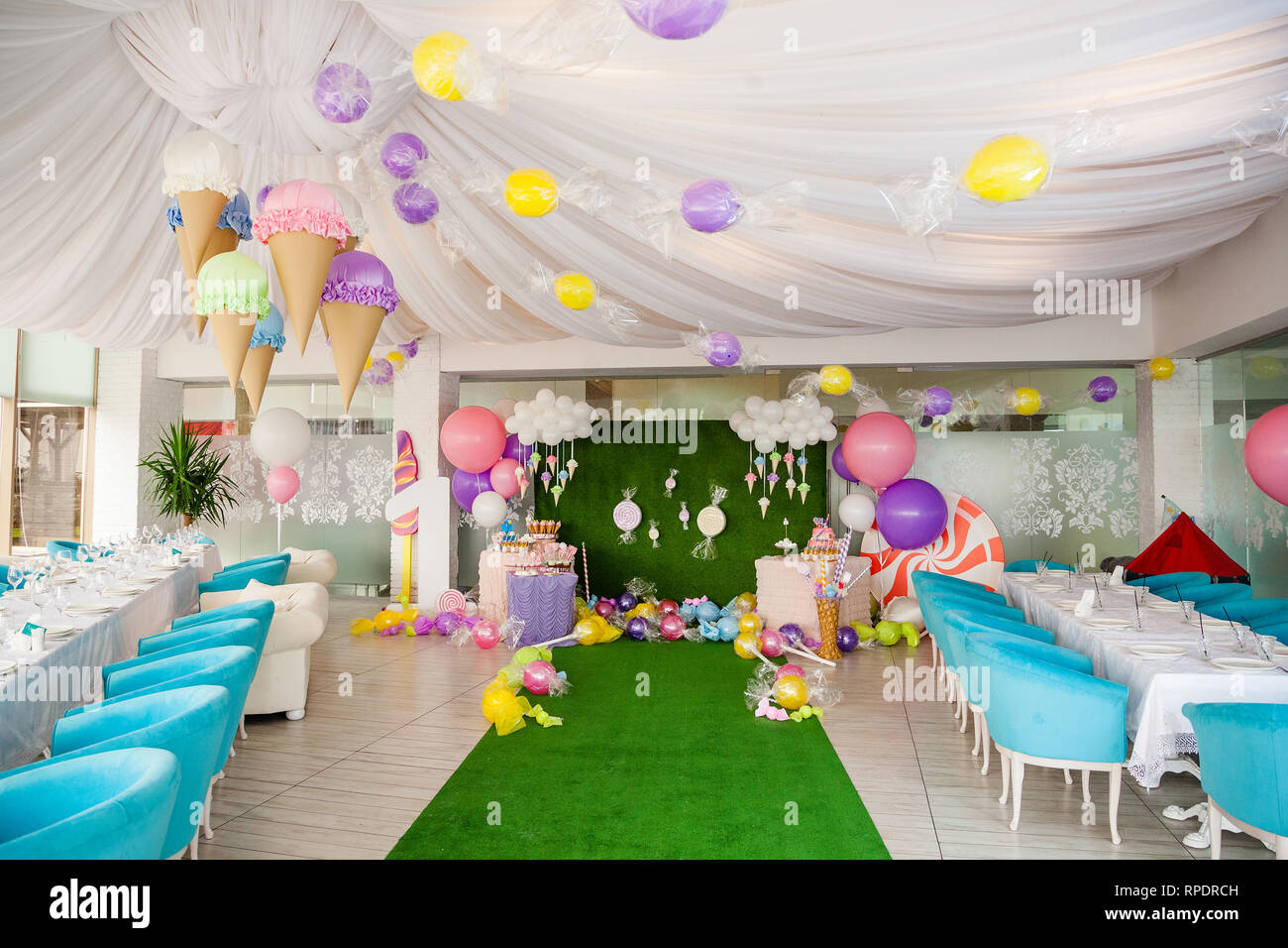 Birthday party concept, decorations for sweet party. Huge number one ...