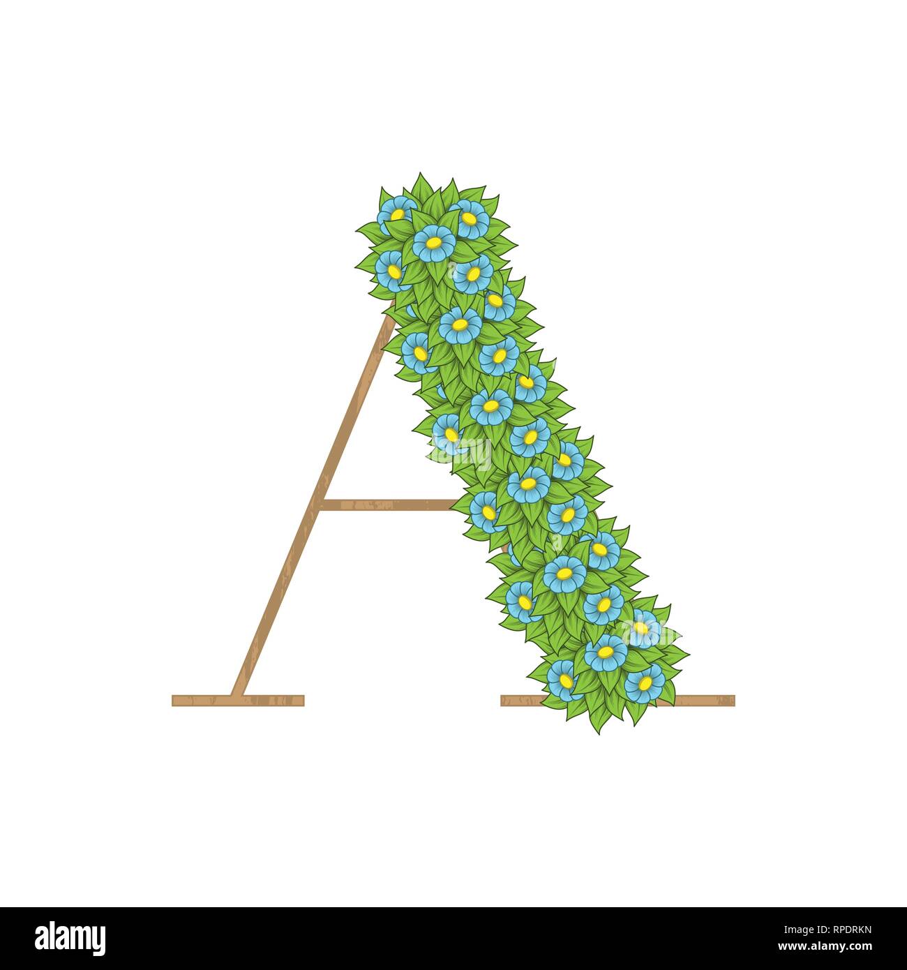 Letter A wooden texture with green leaves and flowers Stock Vector ...