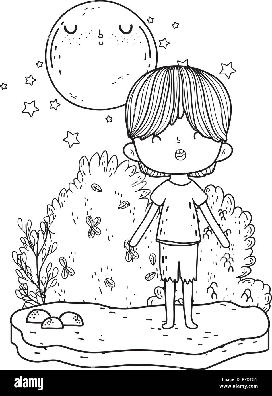 cute little boy with moon kawaii in the landscape Stock Vector Image ...