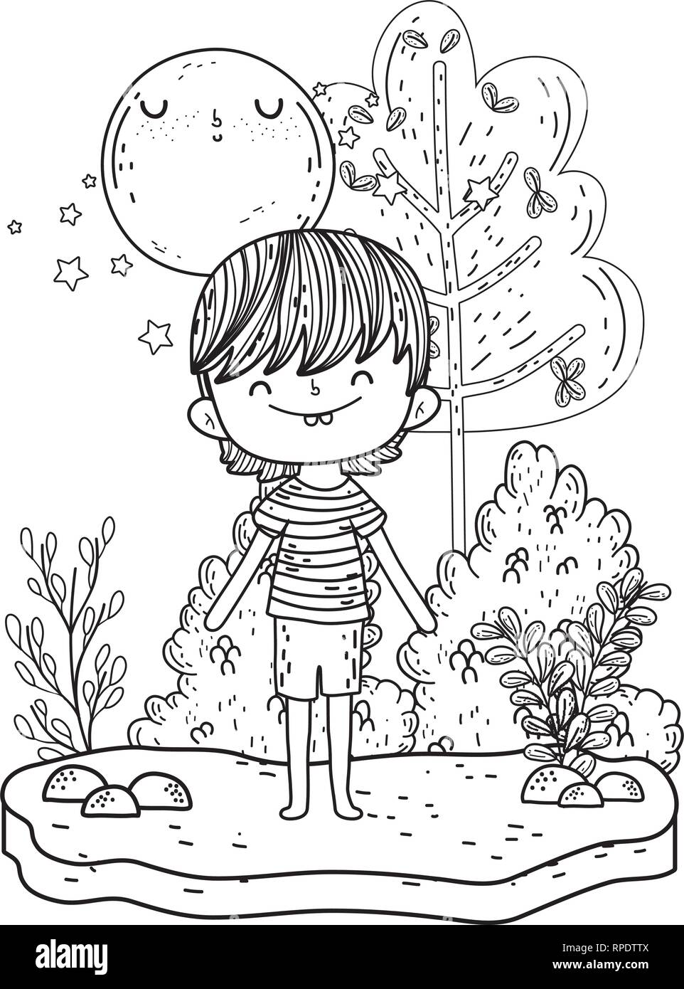 cute little boy with moon kawaii in the landscape Stock Vector Image ...
