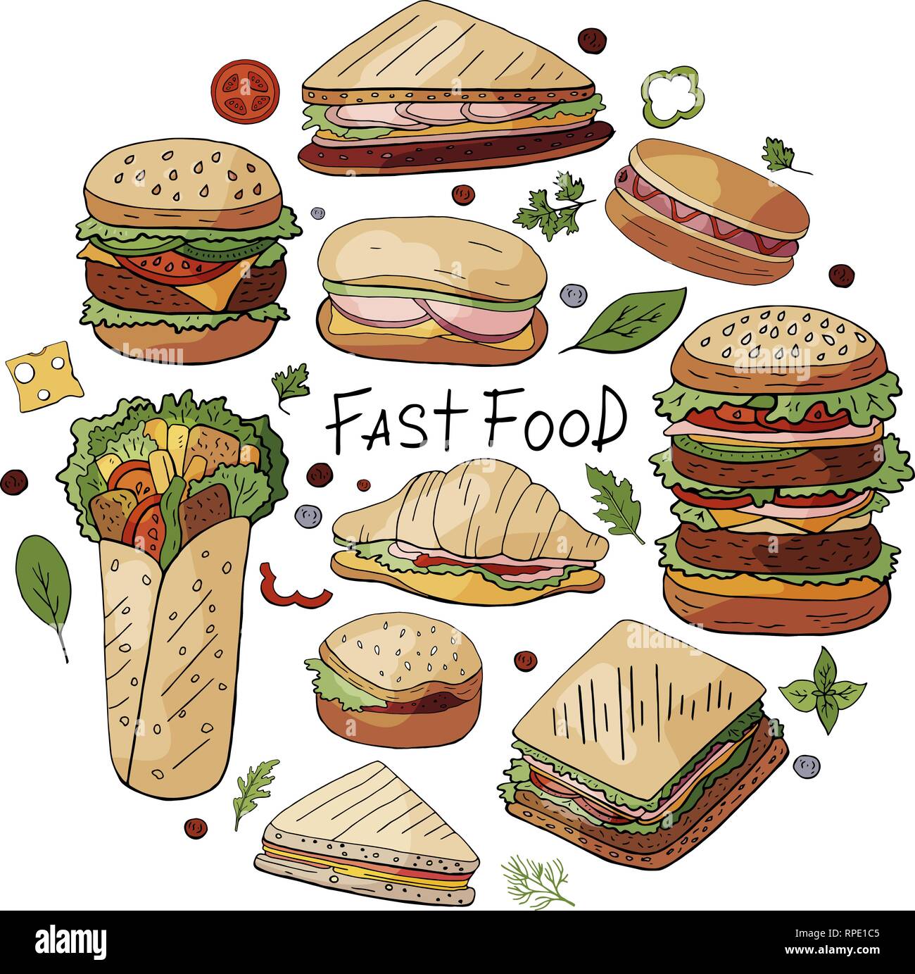 Hand drawn vector set of different types of burgers, sandwiches and hot ...