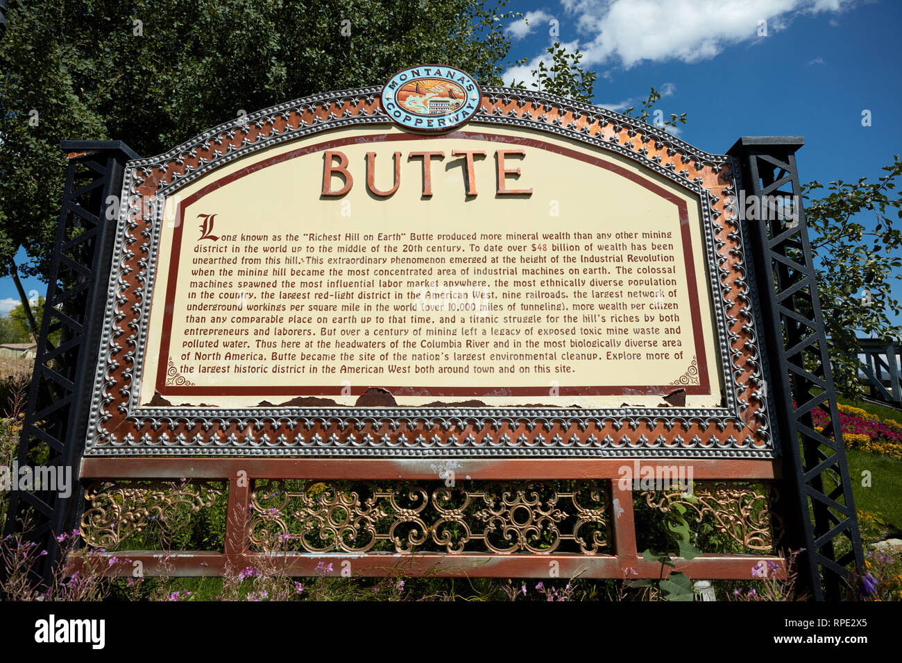 Sign describing the history of mining in Butte, Montana Stock Photo - Alamy