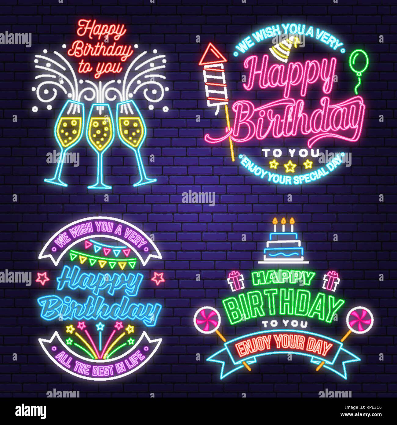 Wish you a very happy Birthday dear friend neon sign. Badge, sticker ...