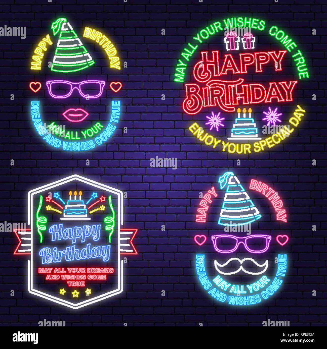 Wish you a very happy Birthday dear friend neon sign. Badge, sticker ...