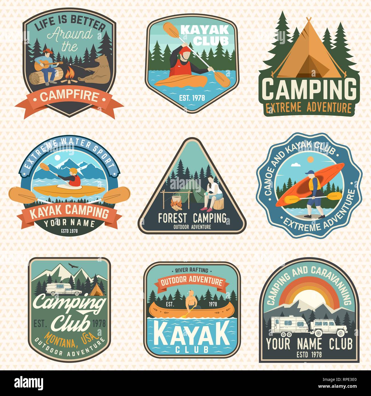 Set of summer camp, canoe and kayak club badges. Vector. Concept for ...